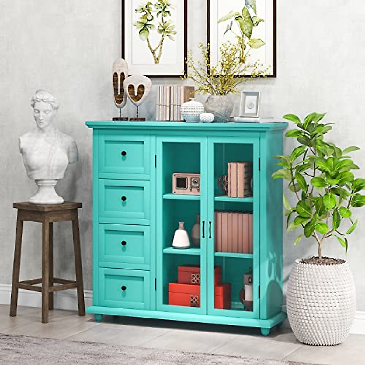 Giantex Buffet Sideboard with Storage - Kitchen Pantry Cabinet with 2 Doors, 4 Drawers, Adjustable Shelf, Freestanding Cupboard Credenza for Kitchen Living Room (Green)