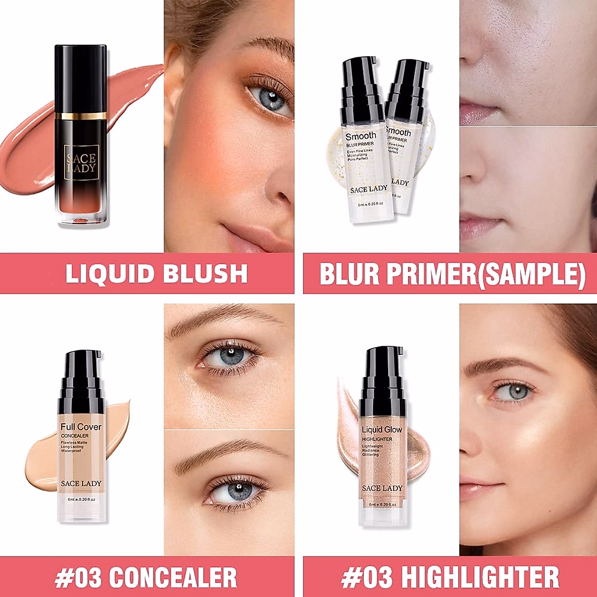 SACE LADY Full Face Makeup Set for Women Full Kit, Primer, Full Cover Up Concealer Corrector for Eye Circles, Oil Control Powder, Highlighter Glow & Blush, Sponge, Flawless Lasting Cosmetics Kit 7Pcs