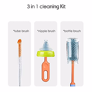 MOOANE Bottle Brush,Silicone Baby Bottles Brush with 360 ° Rotation and Long Handle,Bottle Cleaner Brush Set for Kid,Set of 3 (Orange)
