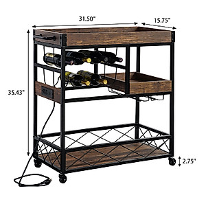 Ohsuaniy Bar Cart with Power Outlet, Industrial Kitchen Serving Cart with Wine Rack & Glass Holder, Coffee Bar Table Station with Storage, Rolling Cart on Wheels with 59IN Cord, Brown