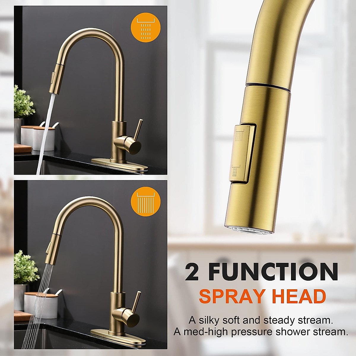 Tohlar Gold Kitchen Faucets with Pull-Down Sprayer, Modern Kitchen Sink Faucet Stainless Steel Single Handle Kitchen Faucet with Deck Plate, Brushed Gold