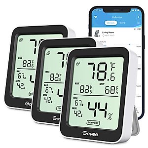 Govee Indoor Hygrometer Thermometer 3 Pack, Bluetooth Humidity Temperature Gauge with Large LCD Display, Notification Alert with Max Min Records, 2 Years Data Storage Export for Room Greenhouse, Black