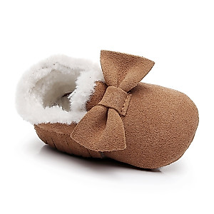 HONGTEYA Baby Moccasins with Fur Fleece Rubber Soles Warm Snow Boots Leather Baby Shoes for Boys Girls (6-12m/4.92", Bow-Brown)