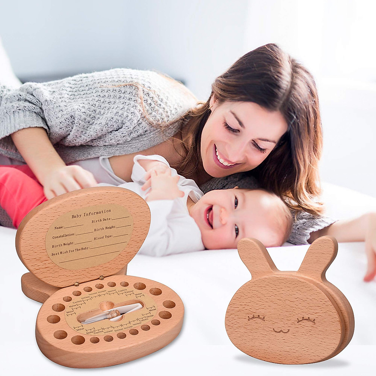 AhfuLife Baby Tooth Keepsake Fairy Box Holder with Lanugo Bottle, Wooden Rabbit Shape Keepsake Box for First Lost Teeth, Cute Tooth Storage Holder, Baby Shower Gifts for Newborn, Boy & Girl