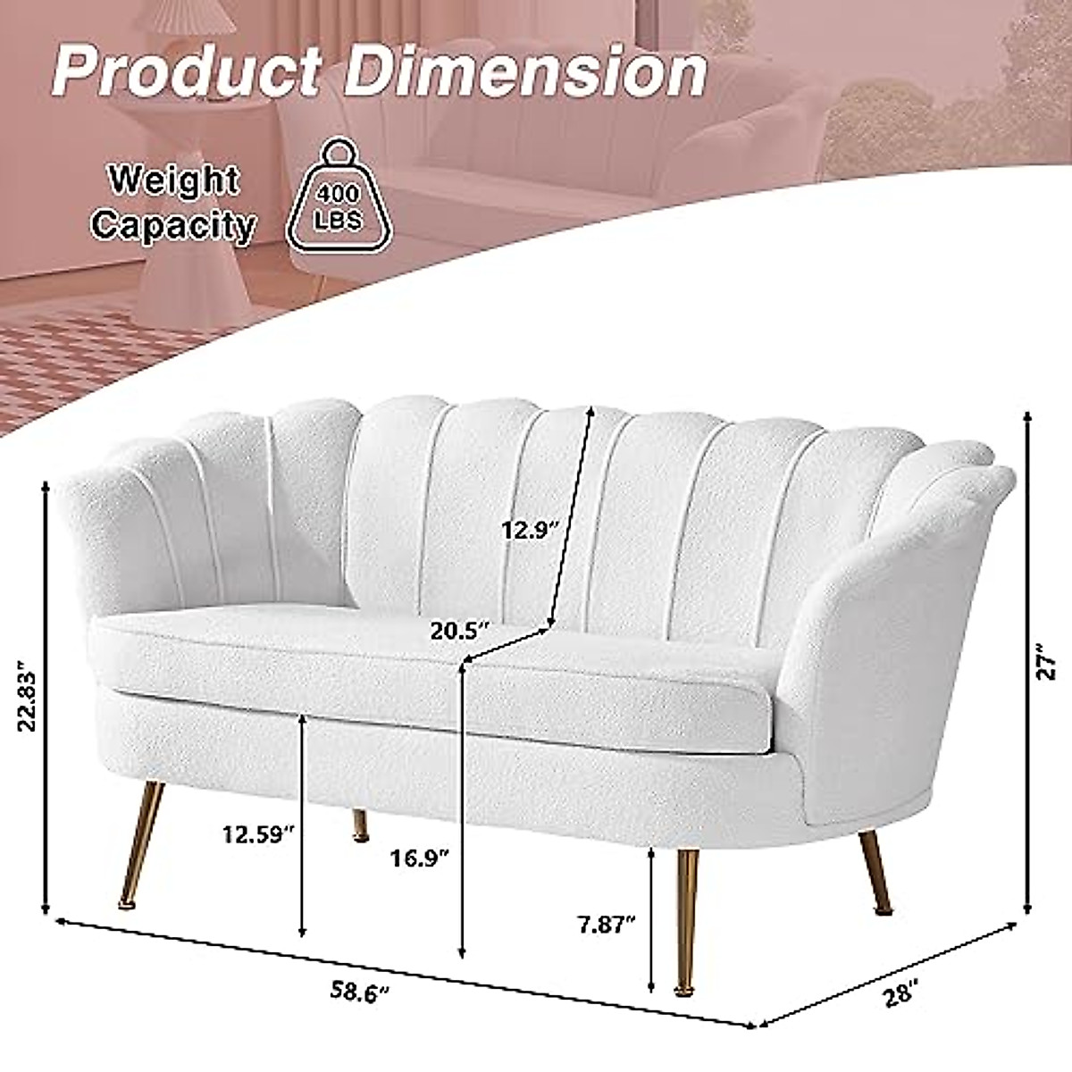 QHITTY Velvet Loveseat, 58'' Teddy Velvet Sofa Accent Couch Settee Upholstered Chair, 2 Seater Small Loveseat for Small Spaces, Living Room (White)