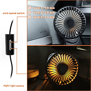 Zuvas Car Fan USB Fan with Night Light, 360° Rotation Clip Fan for Vehicle Air Circulation, 3 Wind Speed Air Conditioner Cooling Fan for Car Truck SUV RV Outdoor, Black
