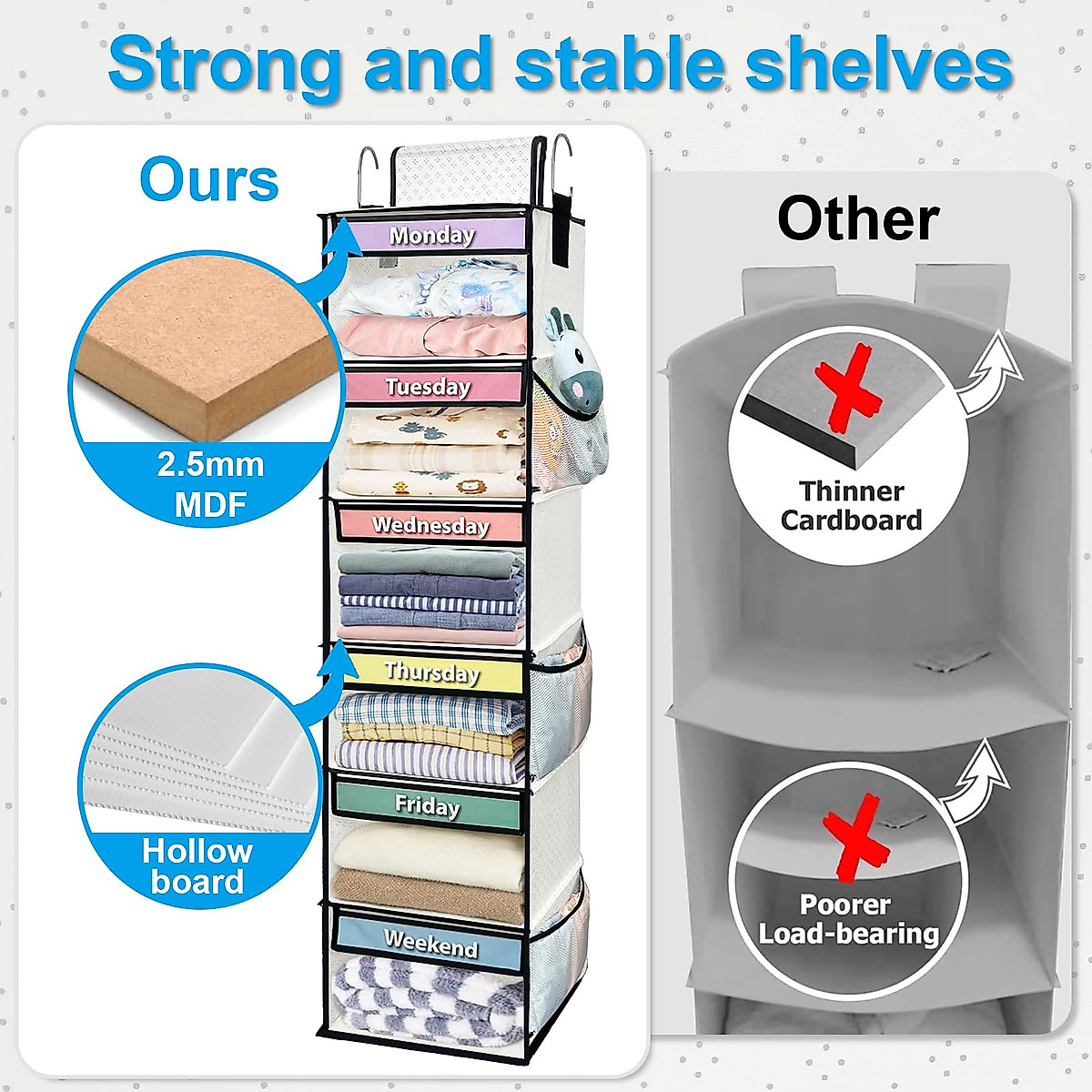 homyfort 6-Shelf Weekly Hanging Closet Clothes Organizer for Kids, Days of The Week Clothes Organizer for Closet, Sturdy Oxford Kids Closet Organizers and Storage (White)