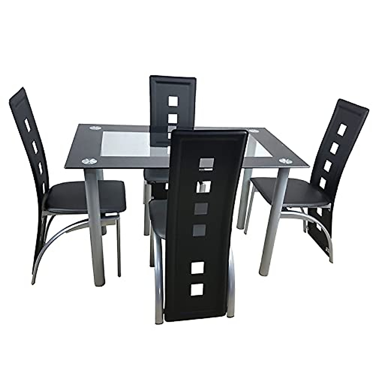 HomVent Dining Table Set for 4, Small Tempered Glass Dining Room Table Set, Kitchen Table and Chairs for Small Spaces, Transparent,White Modern 110cm, Stainless Steel PU Leather (Transparent & Black)