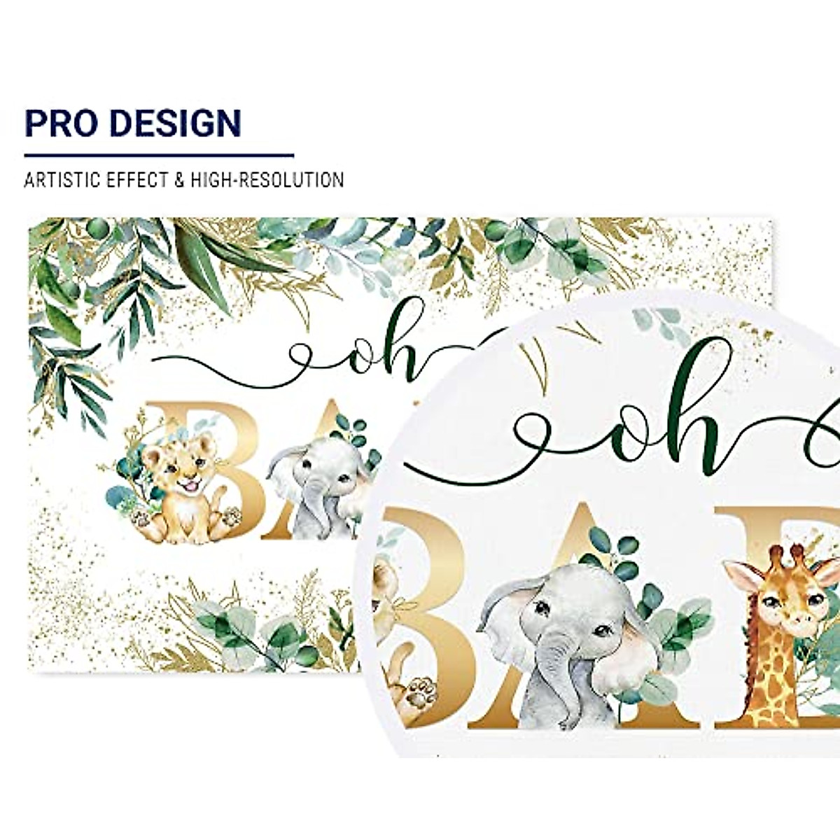 Allenjoy 70.8" x 43.3" Safari Baby Shower Backdrop Jungle Animals Oh Baby Party Banner Gold Greenery Leaves Decor Wild Gender Neutral Party Decorations Supplies