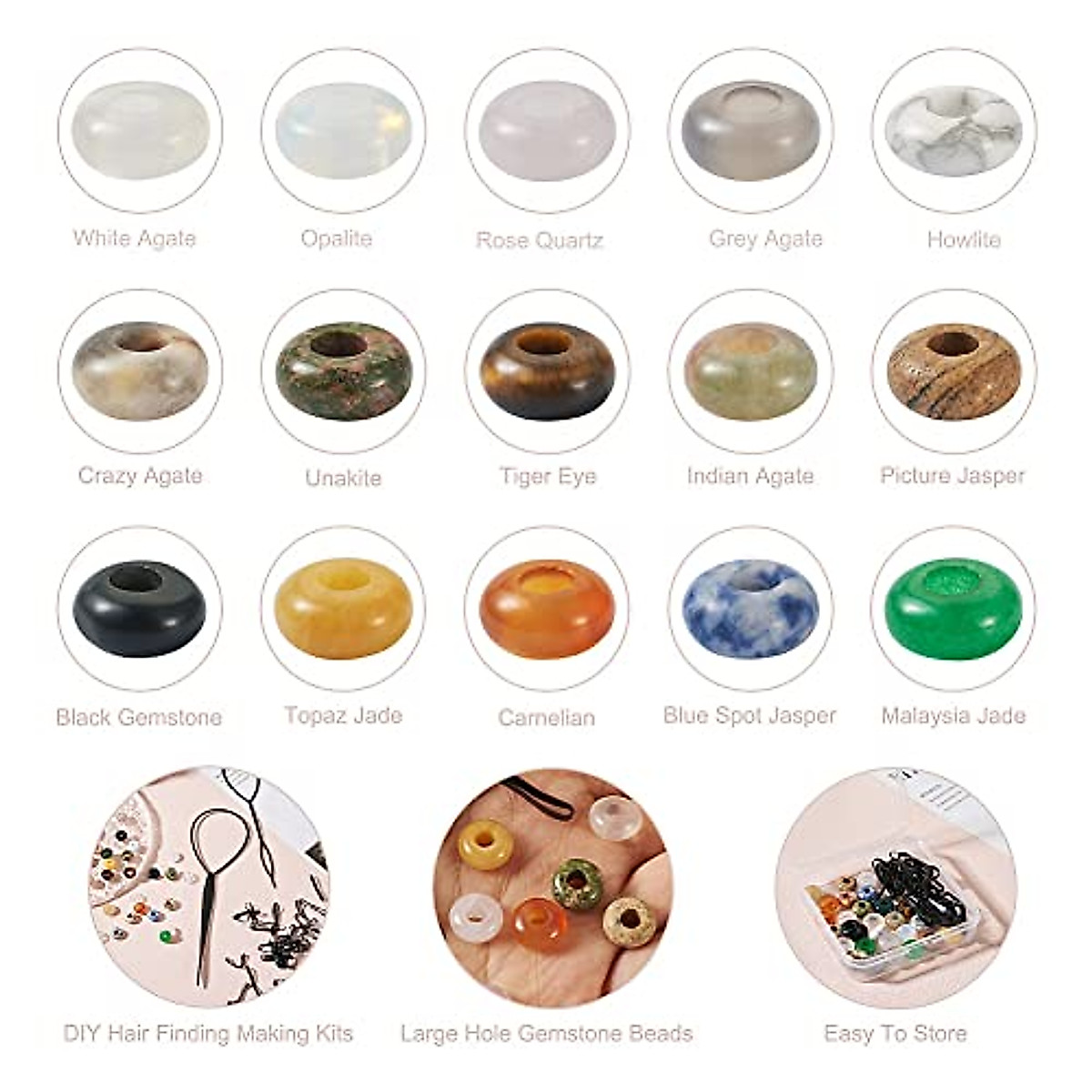 Spritewelry 15 Colors Natural Gemstone European Beads Rondelle Large Hole Loose Beads Dreadlock Hair Braid Beads Kits for Hair Braids Jewelry Bracelet Necklace Making