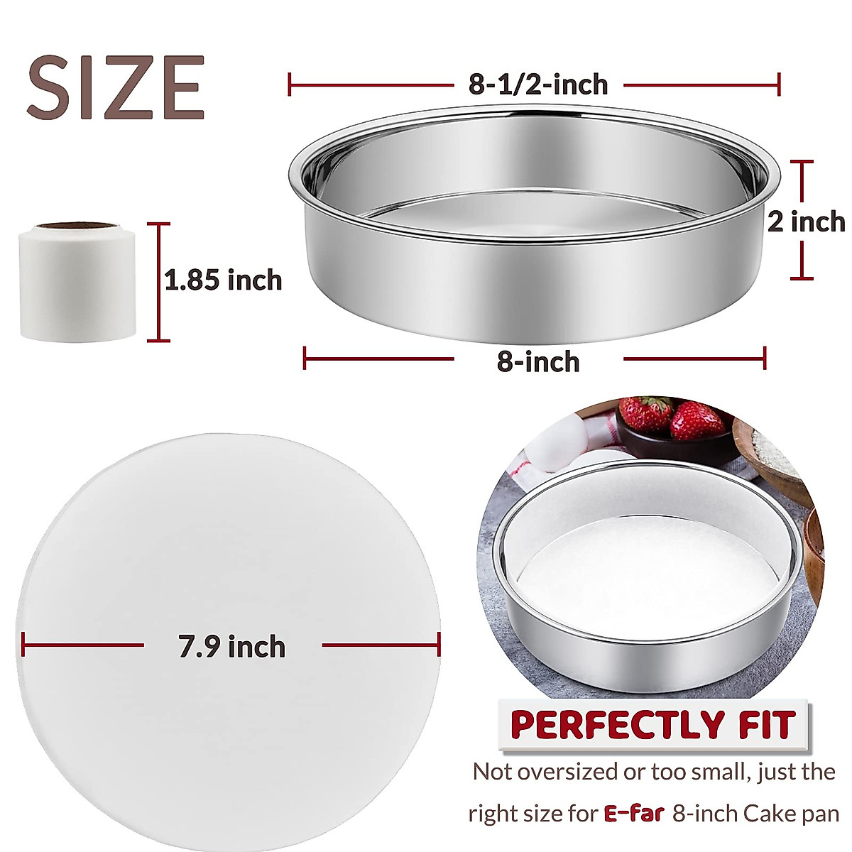 E-far 8 Inch Cake Pan Set of 2, Stainless Steel Round Layer Cake Baking Pans with Parchment Rounds & Side Liner Roll, Non-Toxic & Healthy Metal Cakes Tin, Straight Side & Dishwasher Safe