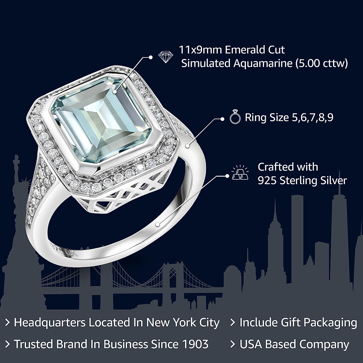 Gem Stone King 925 Sterling Silver Simulated Aquamarine Ring For Women | 5.00 Cttw | Emerald Cut 11X9MM | Available In Size 5, 6, 7, 8, 9
