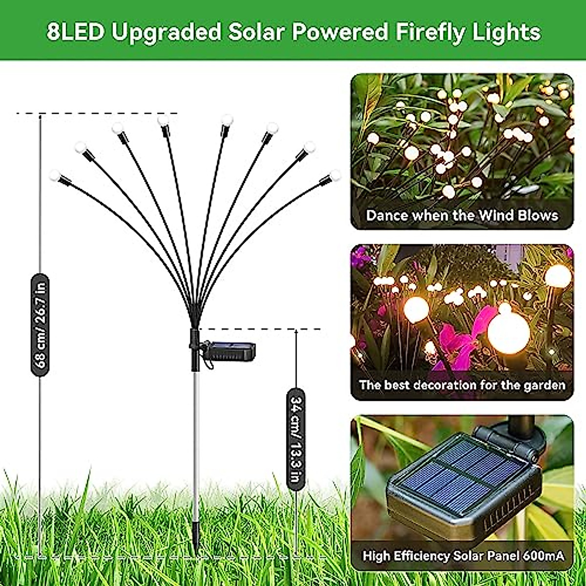 Anerbili Solar Firefly Lights,New Upgraded 8 LED Solar Garden Lights Swaying Light, Sway by Wind,Solar Outdoor Lights Waterproof Yard Patio Pathway Decoration,Warm White (2 Pack)