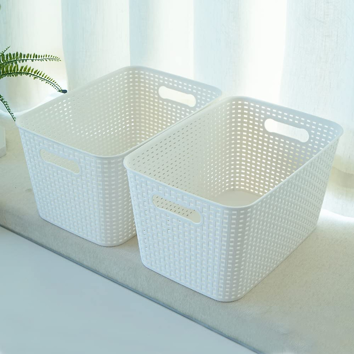 MBKO Plastic Storage Basket - Kitchen Office Pantry Organizer Bins (Large-4PK, White)