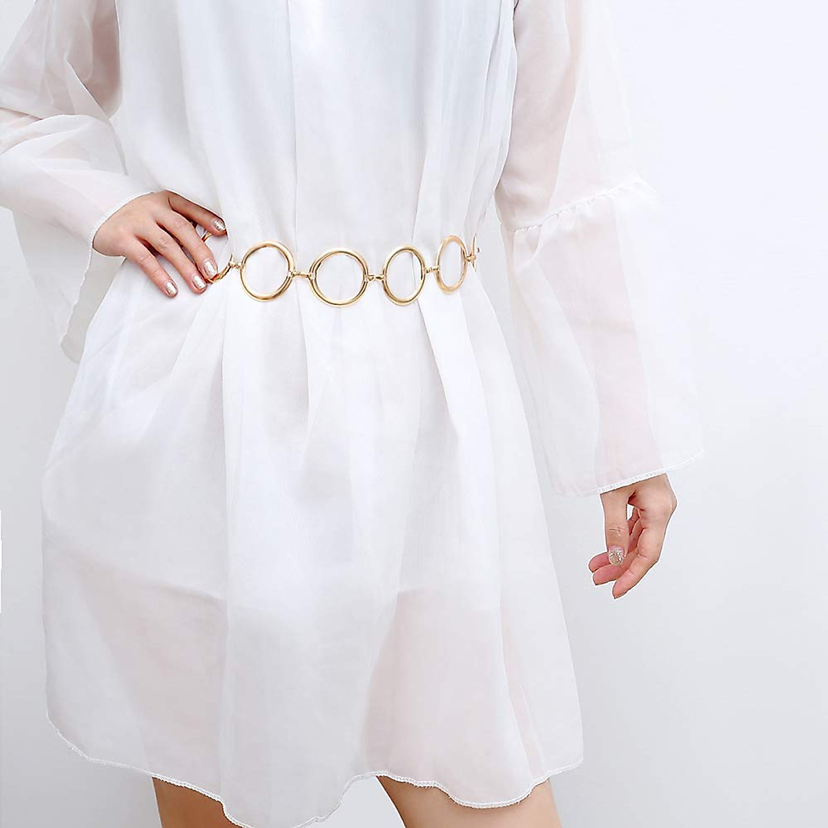 Juland Alloy Waist Chain Body Chain for Women Waist Belt Belly Chain Adjustable Body Harness for Jeans Dresses – Gold Ring Buckle 0413