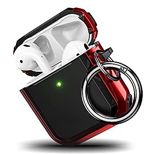 Jiunai for AirPods Case AirPods 2 Case with Keychain Protective Shockproof Full Body Armor Thick Wireless Charge Supported Cool Case with Carabiner for AirPods 1st & 2nd Gen LED Visible Black Red