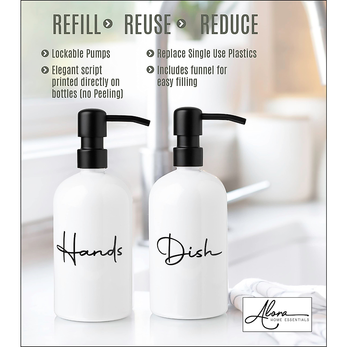 Alora Hand Soap Dispenser and Liquid Dish Soap Dispenser for Kitchen Sink - Set of 2 - Black Metal Pumps - Reusable Plastic Bottle with Easy to Read Lettering - Countertop Replacement Refill