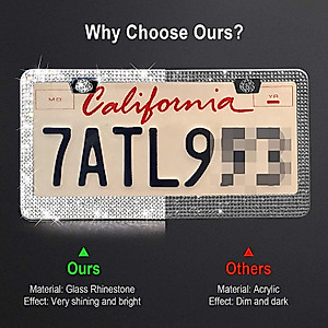 Tchipie 1 Pack Bling Rhinestone License Plate Frames, Bedazzled Sparkly Cute Diamond Car License Plate Frame, Glitter Crystal Tag Frame, Stainless Steel Frame(White)