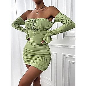 4UFIT Women's Sexy Long Sleeve Off Shoulder Ruched Party Mini Dress Green