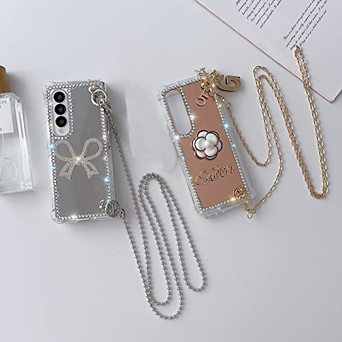Omio for Samsung Galaxy Z Fold 3 5G Mirror Case with Crossbody Lanyard Luxury 3D Sparkle Crystal Diamond Bling Glitter Cute Slim Makeup Hard PC Phone Case for Galaxy Z Fold 3 Women Girls, Gold