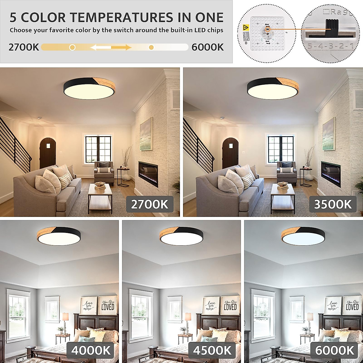 Vikaey Modern Dimmable LED Ceiling Light, Minimalist Wood Style 5CCT 2700K-6000K Flush Mount Ceiling Light Fixture, Round Lighting Lamp for Bedroom Living Room Dining Room Laundry, Black, 15.8"