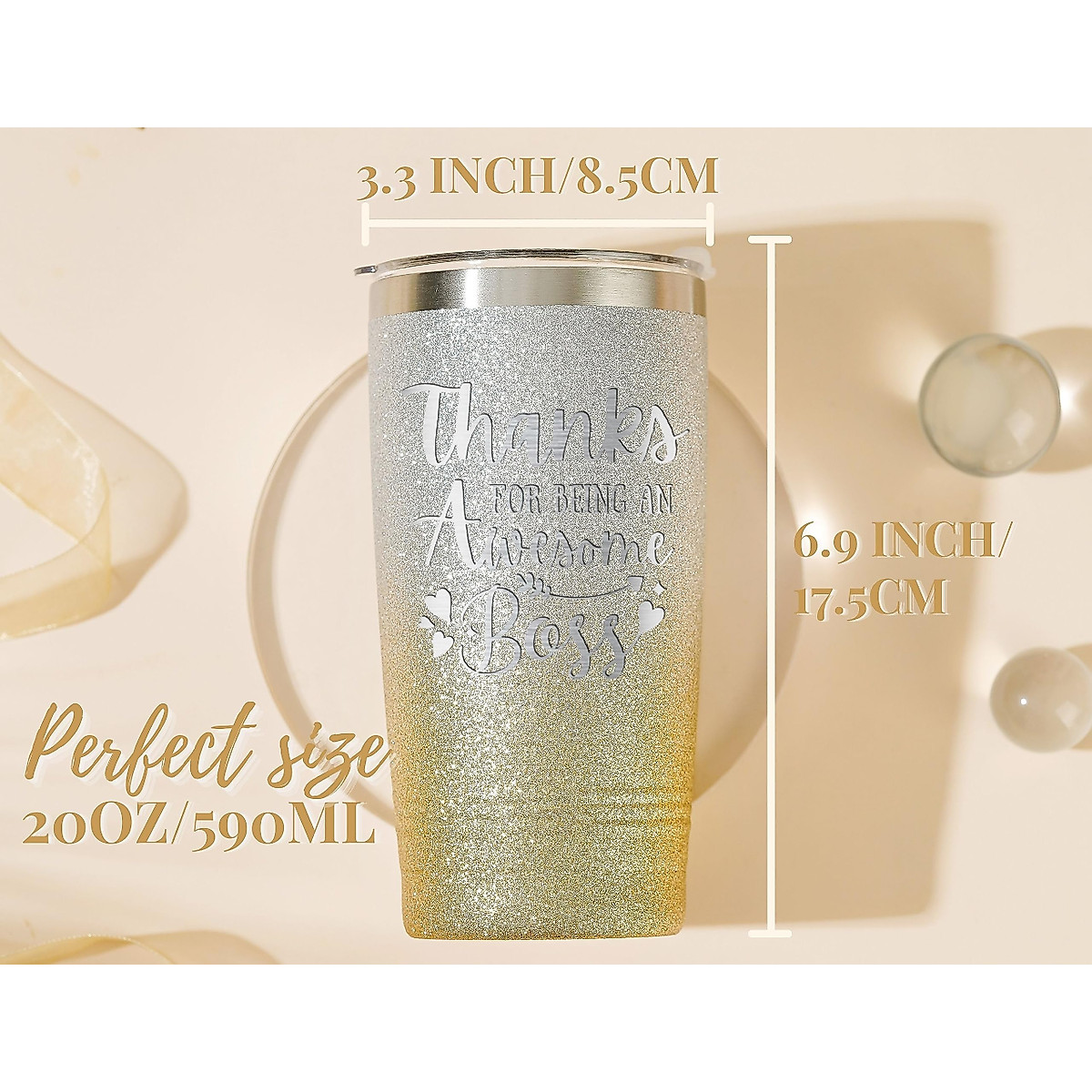 Onebttl Boss Gifts for Women, Thanks for Being An Awesome Boss, Appreciation Thank You Gifts for Boss Lady, Managers, Supervisors, Team Leaders, Wine Tumbler 20Oz, Glitter Gold & Silver