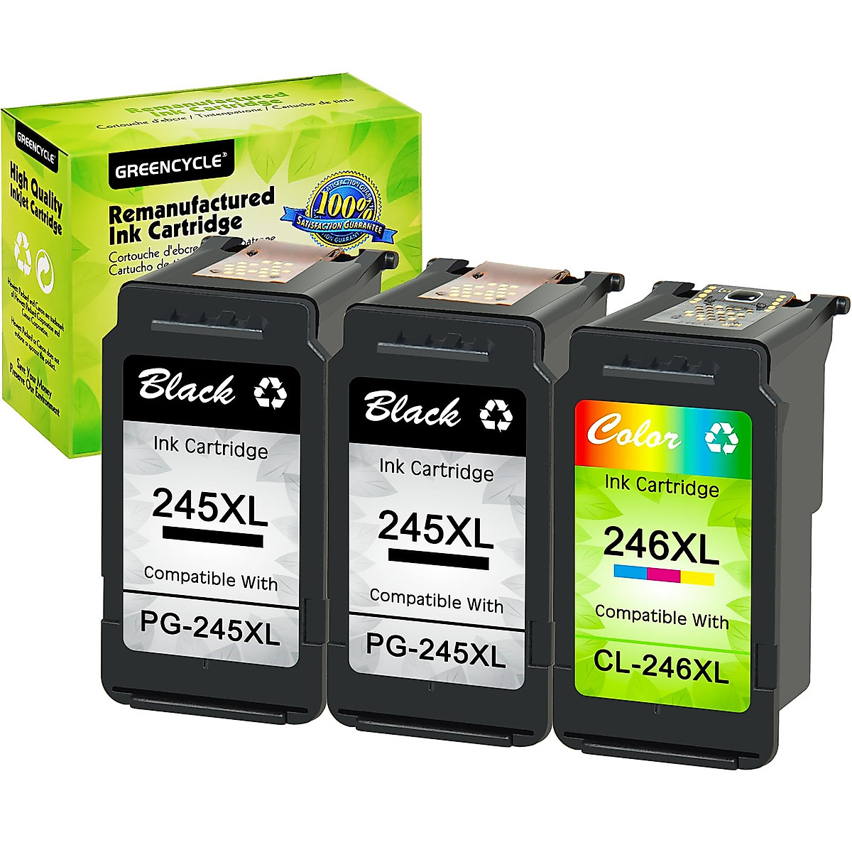 greencycle Re-Manufactured PG-245XL 245 XL CL-246XL CL-246 Ink Cartridge Compatible for Canon Pixma MX490 MX492 IP2820 MG2420 MG2520 MG2522 MG2525 MG3022 TS302 (Black, 2 Pack; Tri-Color, 1 Pack)