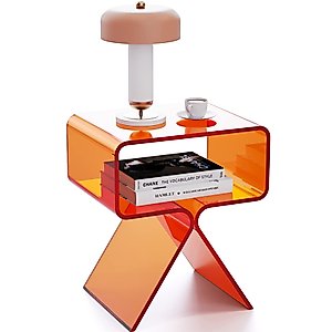 solaround Acrylic Nightstand Side Table Modern Design Clear Home Decor Display End Table for Living Room (Orange)
