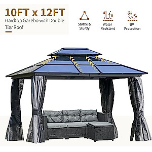Outsunny 10' x 12' Hardtop Gazebo Canopy with Polycarbonate Roof, Aluminum Frame, Permanent Pavilion Outdoor Gazebo with Netting, for Patio, Garden, Backyard, Deck, Lawn, Light Gray
