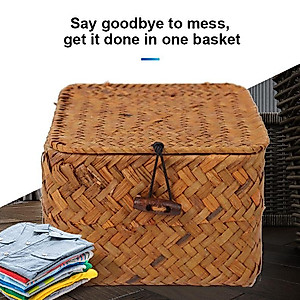 Kumprohu Seagrass Storage Baskets | Wicker Shelf Baskets with Lid,Rattan Storage Basket Natural for Organize and Storage Cosmetics, Snacks, Toys, Clothes Handwoven Storage Bins