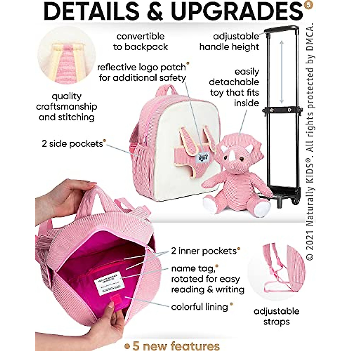 Naturally KIDS Dinosaur Backpack - Dinosaur Toys for Kids 3-5 - Kids Suitcase for Girl Boy w Stuffed Animal - Gifts for 7 Year Old - w Pockets & Reflective Logo - Rolling Backpack w Pink Triceratops