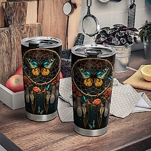 20oz Dream Catcher Butterfly Tumbler Cup, Insulated Travel Cup with Lid, Coffee Thermos for Women, Gifts for Women, Birthday Gifts for Mom, Daughter, Sister, Friends, Girlfriends, Coworker
