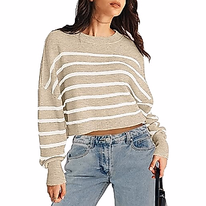 MEROKEETY Womens Striped Cute Trendy Going Out Side Split Pullover Sweater for Teen Girls, Oatmeal, Small
