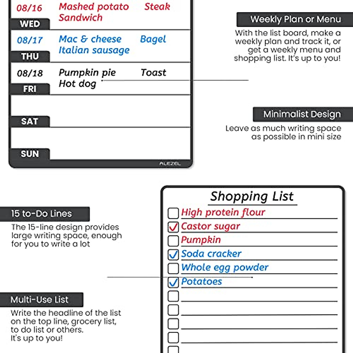 ALEZEL Magnetic Weekly Calendar for Fridge - 8.5"x6.5", Simple Dry Erase Menu Board Set for Fridge - Includes 1 Grocery List (to Do List) & 1 Weekly Meal Planner Whiteboard, 3 Markers + 1 Eraser