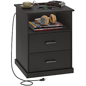 Hasuit Night Stand with Charging Station, Large Nightstand with Storage Drawers and Open Cubby, Black Bedside Side End Table for Home Office, Wider Tabletop 19.0'' x 15.0''