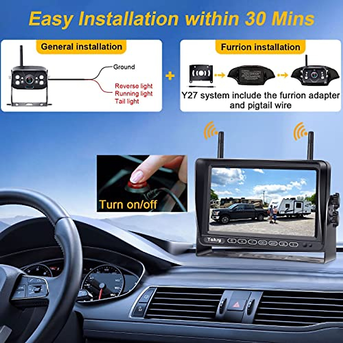 Yakry RV Backup Camera Wireless HD 1080P with 7 Inch Touch Key DVR Monitor for RVs,Campers,Trailers,Trucks Adapter For Furrion-Pre-wired RVs High-Speed Rear View Observation IR Night Vision Y27