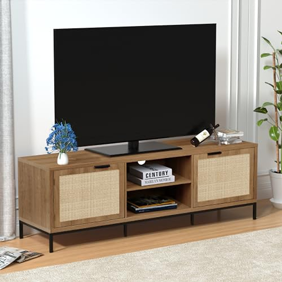 Anmytek Farmhouse Rattan TV Stand for 65 Inch TV Rustic TV Console Table with 2 Rattan Doors Modern Entertainment Center for Living Room Bedroom H0033