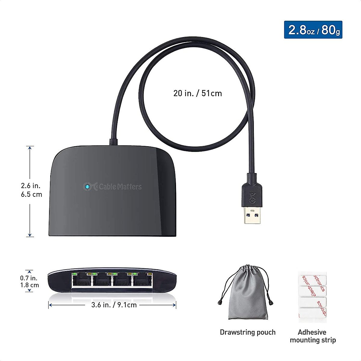 Cable Matters USB to 4-Port Gigabit Ethernet Switch for Network Sharing with TV, Laptop, Gaming Console (USB Ethernet Splitter, USB Network Switch, USB to Ethernet Adapter, USB Gigabit Switch)