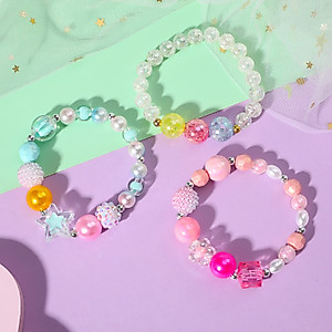 PinkSheep Beads Necklace and Bracelet for Kids, 3 Sets, Little Girls Jewelry Necklace and Bracelet with Heart Pendant, Dress Up Pretend Play Party Favor