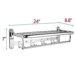 HOONEX Foldable Towel Rack for Bathroom Wall Mounted, 24-Inch Towel Shelf with Towel Hooks and Adjustable Towel Bar, 304 Stainless Towel Holder, Polished Silver