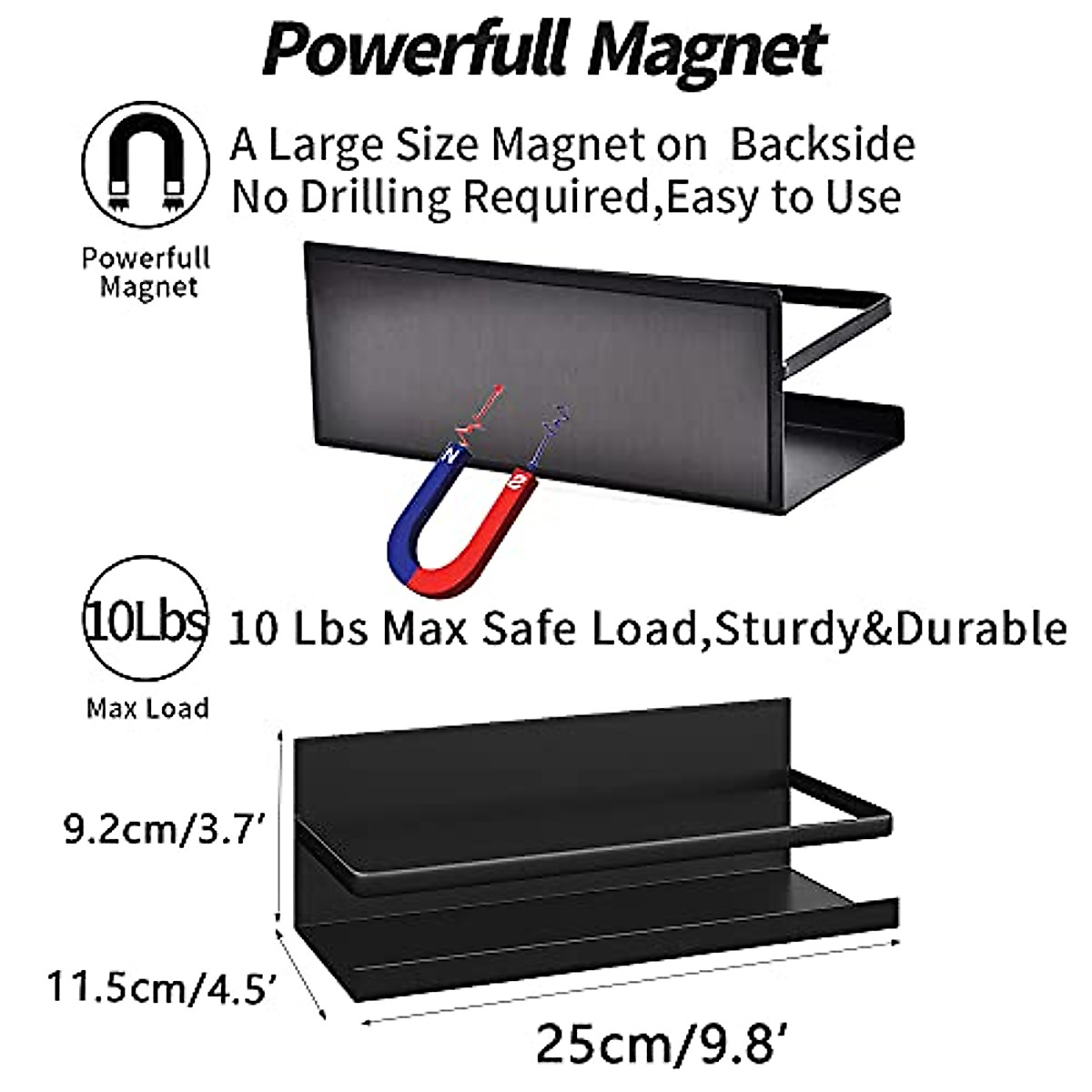 YJSMO Magnetic Spice Rack for Refrigerator,Heave Duty Magnetic Shelf For Kitchen With Strong Magentic Storage Organizer,Fridge Spice Rack for Cabinet,Space Container,Drill free (Black, 2 Pack)