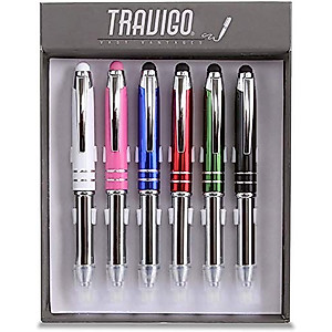 Travigo 6-Pack 3-in-1 Capacitive Stylus Tip Ballpoint Metal Pen with LED Light Set | Black Blue Red Green Pink White