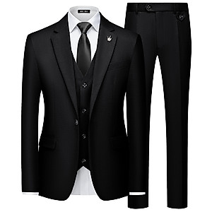 MAGE MALE Mens Suits Slim Fit 3 Piece Tuxedo Suit One Button Solid Prom Wedding Party Blazer Vest Pants Set with Tie Black