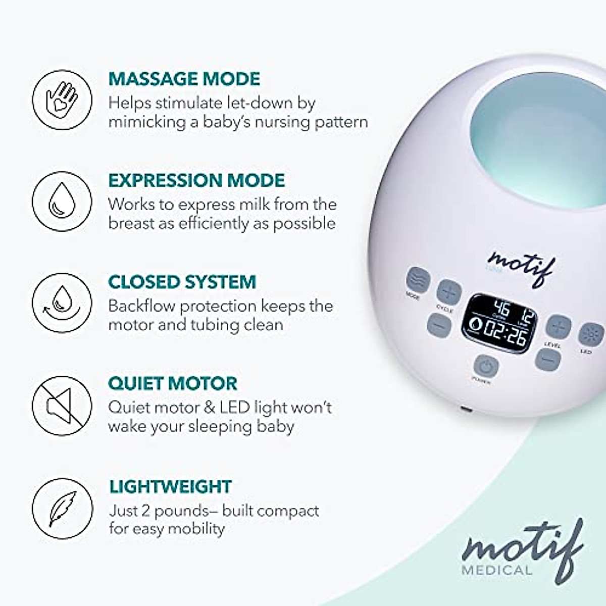 Motif Medical Luna Double Electric Breast Pump - Easy to Use, Quiet Motor, Built-in LED Night Light - Outlet Required