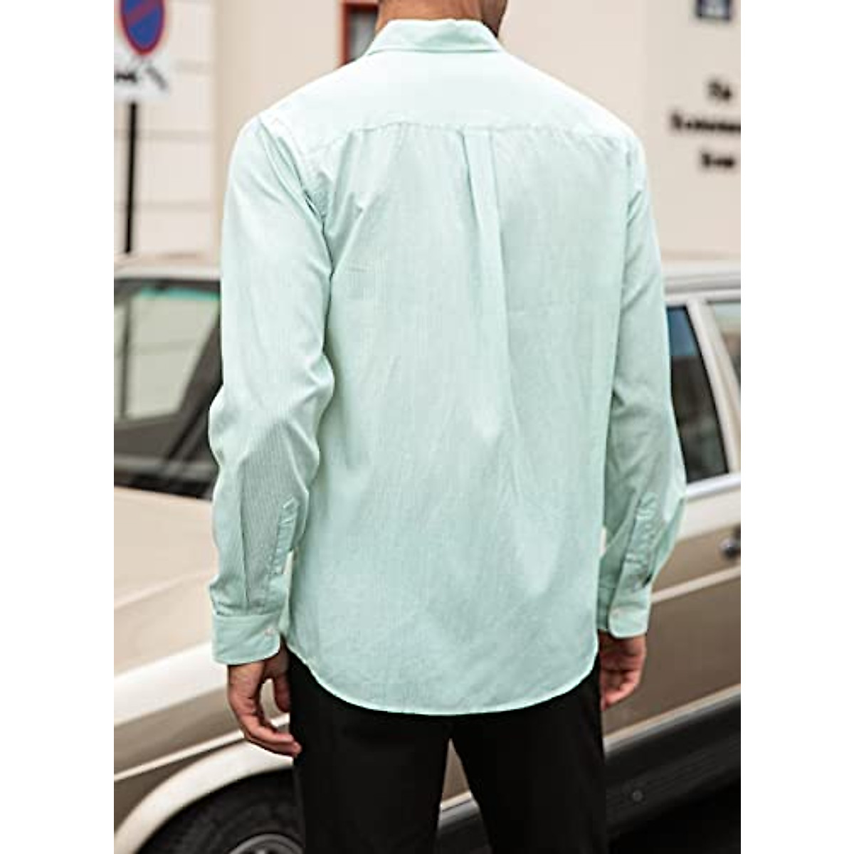 JMIERR Mens Slim Fit Casual Button Down Dress Shirts Pinpoint Stripe Long Sleeve Fall Shirt US 37.5(S),Green