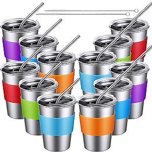 Nuanchu 12 Pcs 12 oz Stainless Steel Tumblers Bulk Spill Proof Cups with Lids and Straws Smoothie Cups Tumbler Water Glasses for Kids Adults, 6 Colors