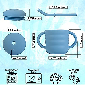 Cute 2-1 Silicone Straw Sippy Cup with Stopper - 5.4 OZ Spill-proof Sippy Cups for Baby 6+ Months w/ Dbl Handles, Grooved Body & Angled Straw for Fun & Safe Drinking - Includes Cleaning Brush - Blue