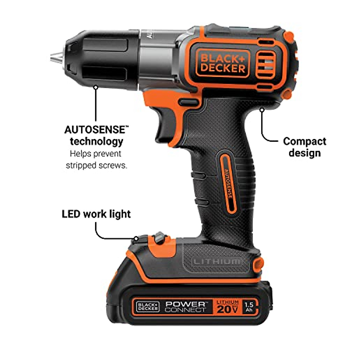 BLACK+DECKER 20V MAX* POWERCONNECT 3/8 in. Cordless Drill/Driver with AUTOSENSE Kit (BDCDE120C)
