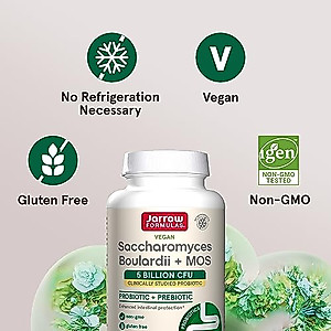 Jarrow Formulas Saccharomyces Boulardii + MOS, Clinically Studied Probiotic+Prebiotic Supplement, 5 Billion CFU, 180 Servings (Veggie Caps), Enhanced Intestinal Tract Support & Protection (Pack of 12)