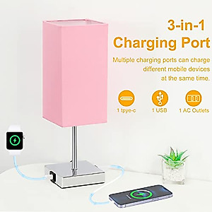 SEEDED-DESIGN Touch Control Table Lamp, Small Bedside Lamp with USB Port and Outlet, 3-Way Dimmable Nightstand Lamp for Bedroom, Living Room, LED Bulb Included (Square, Pink Blush)